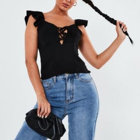Missguided | Tops | Missguided Black Short Sleeve Lace Up Ruffle Top ...